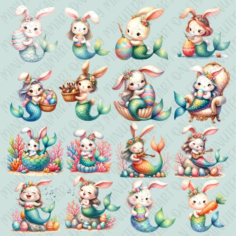 Bunny Mermaid Easter Clipart: Watercolor PNG (digital Download) - Etsy