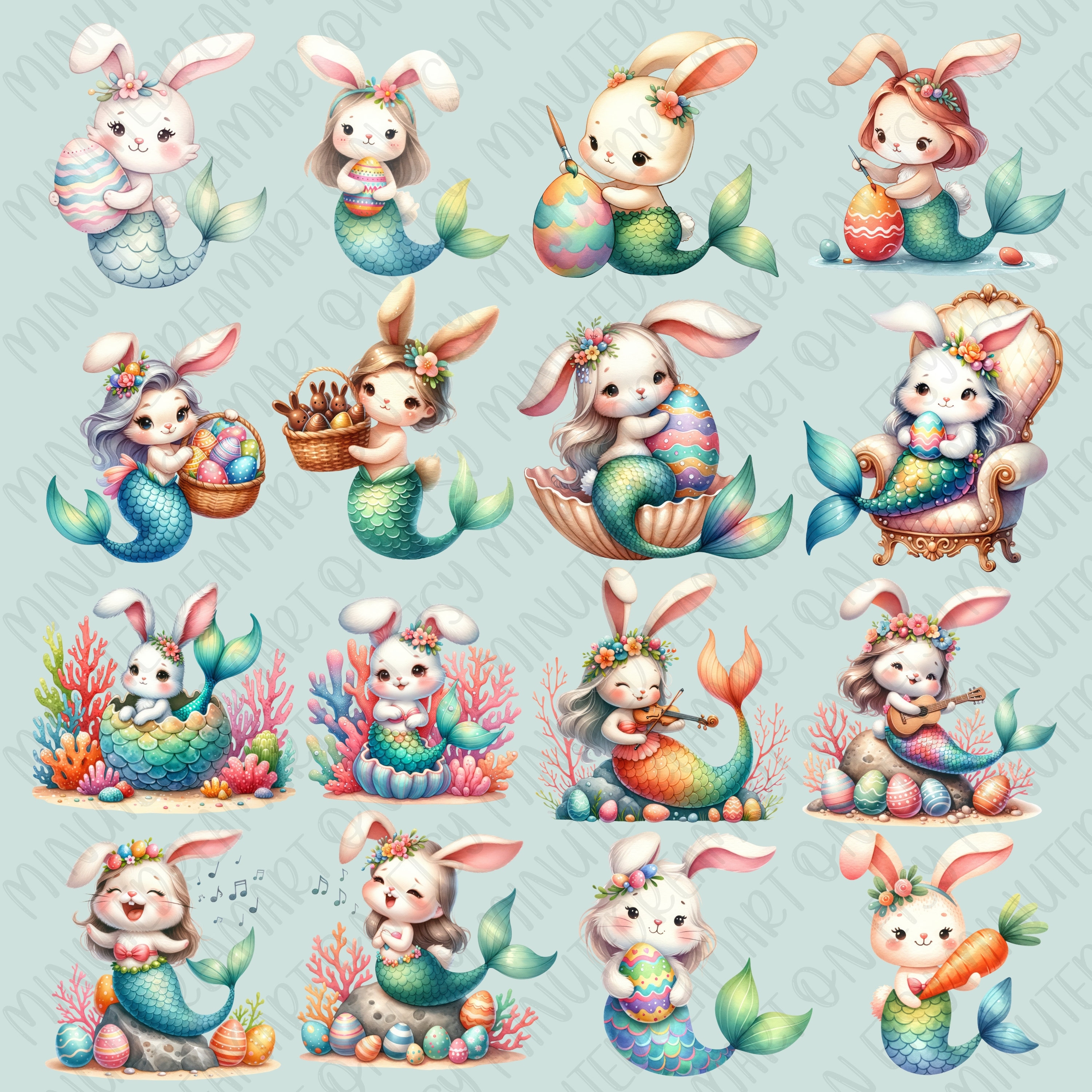 Bunny Mermaid Easter Clipart, Easter Egg Day, Watercolor Sublimation ...