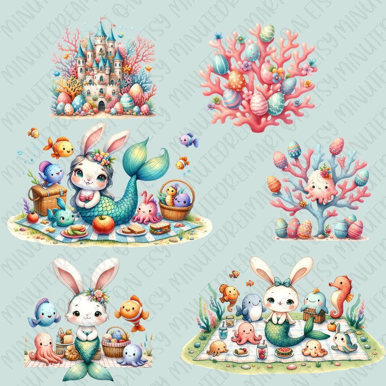 Bunny Mermaid Easter Clipart: Watercolor PNG (digital Download) - Etsy
