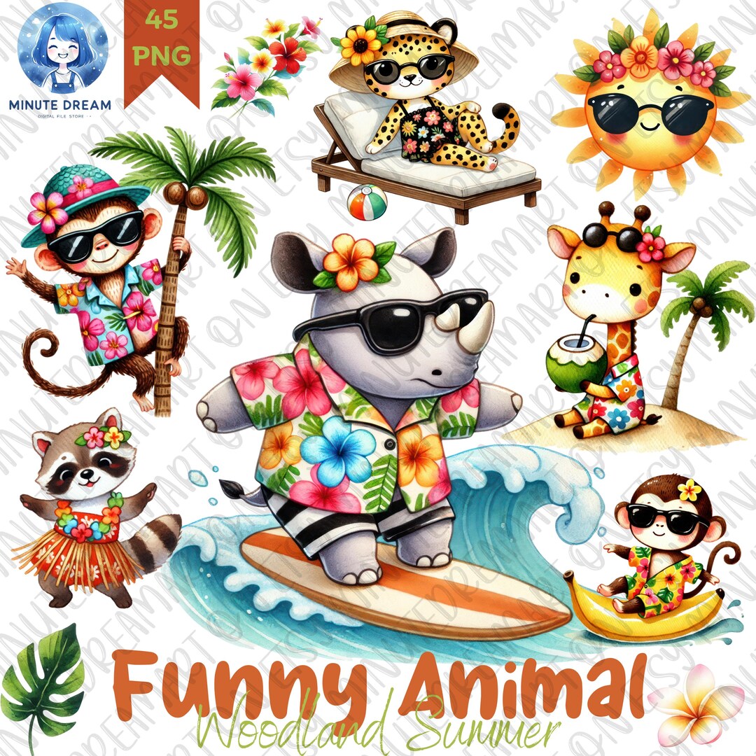 Funny Summer Woodland Animal Clipart, Tropical Beach Vacation Animals ...