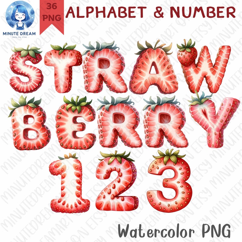 Strawberry Alphabet PNG: Watercolor Berry Letters & Numbers (digital ...
