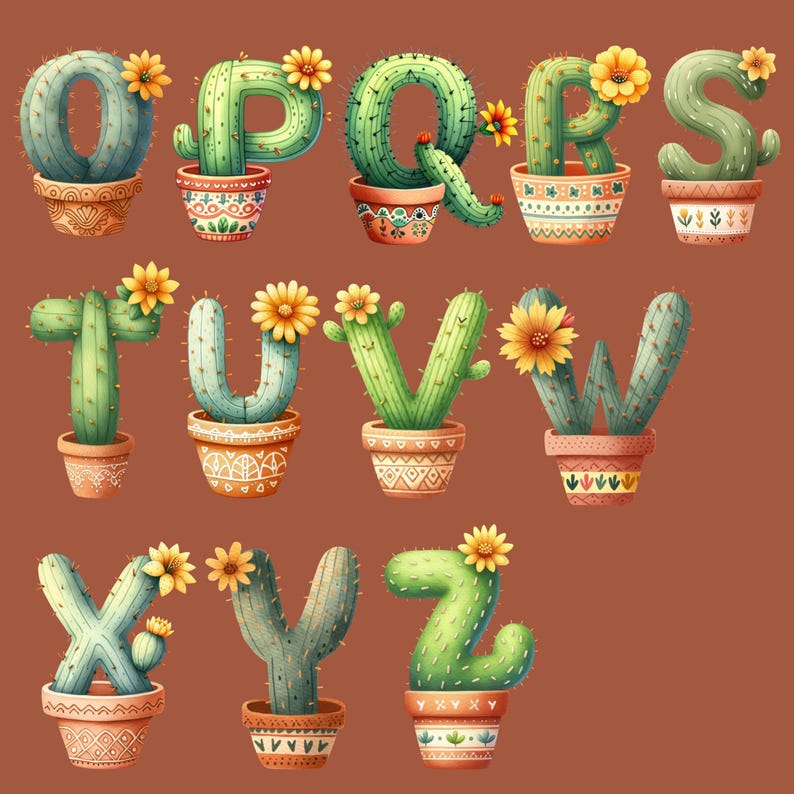 Cactus Alphabet & Numbers PNG: Watercolor Succulent Letter Clipart ...