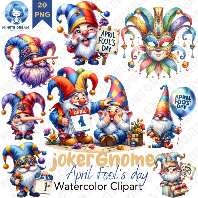 Joker Gnome Clipart: Watercolor April Fool's Day PNG (digital Download ...