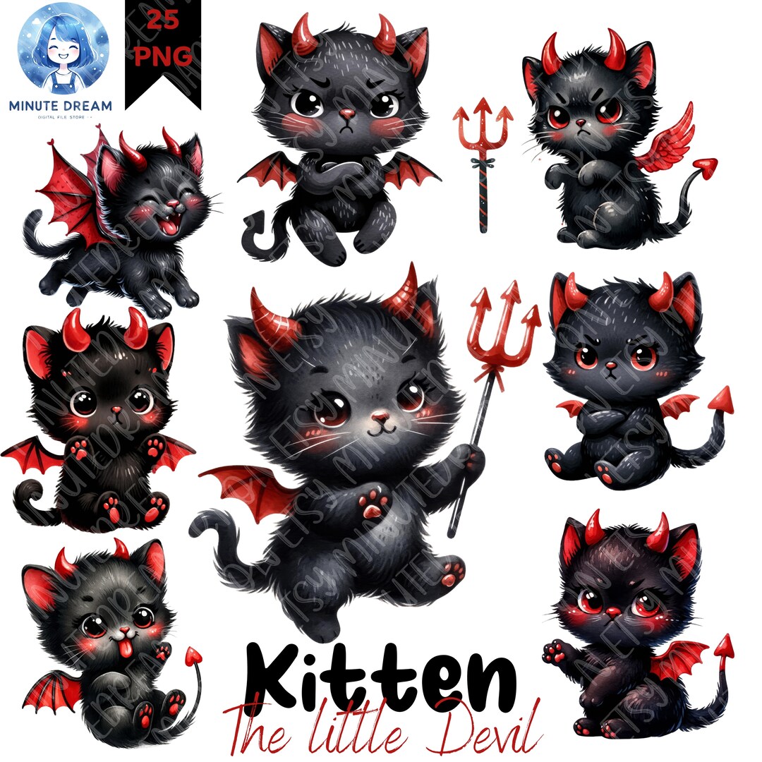 Devil Kitten Clipart, Baby Cat Png, Trident, Watercolor Sublimation, Gift for Kid, Devil's Horn ...
