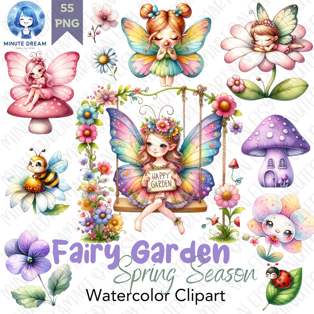 Fairy Garden Watercolor Clipart: Spring Flowers, Bees, Butterflies (PNG ...