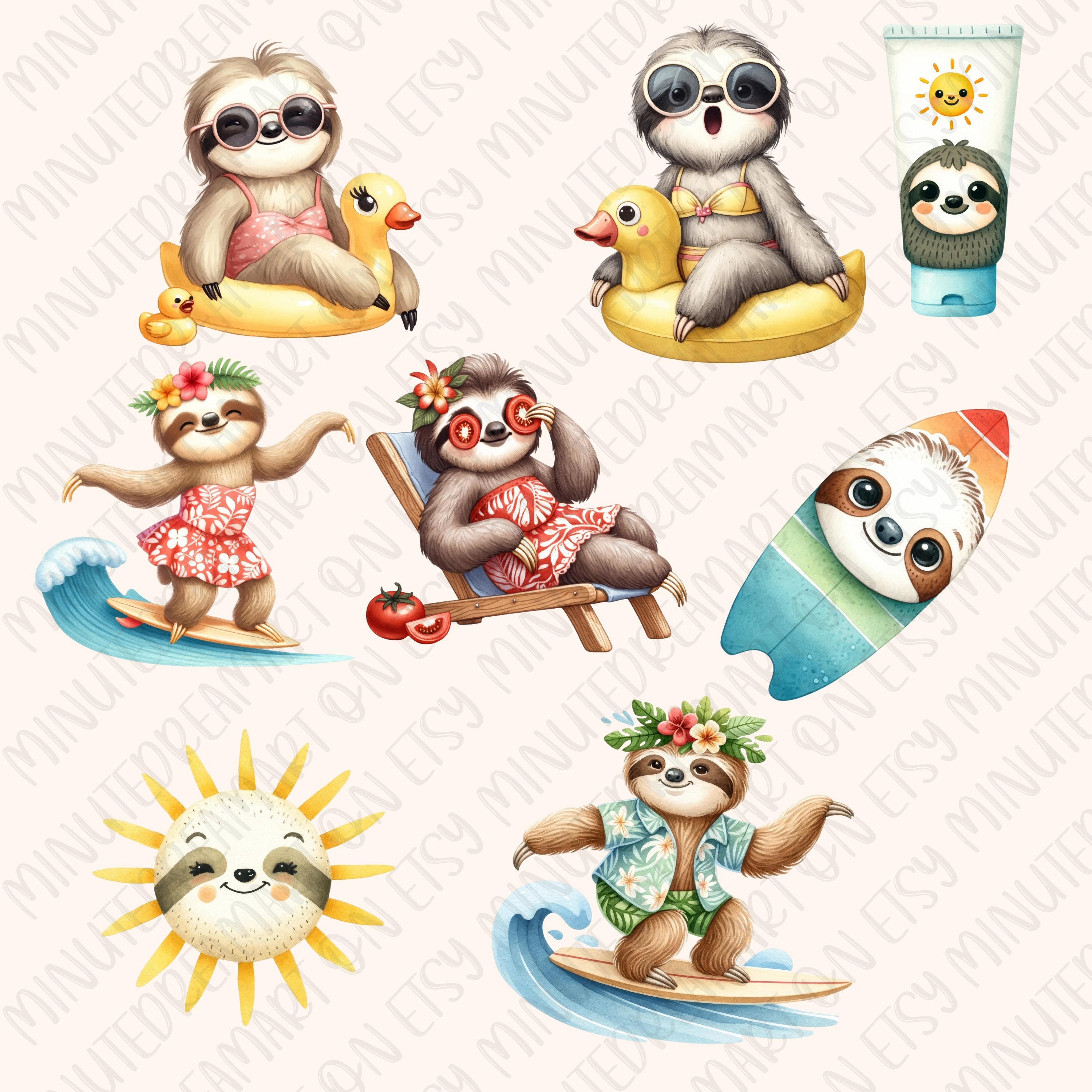 Funny Sloth Clipart: Hawaiian Summer Watercolor PNG (300 DPI) - Etsy