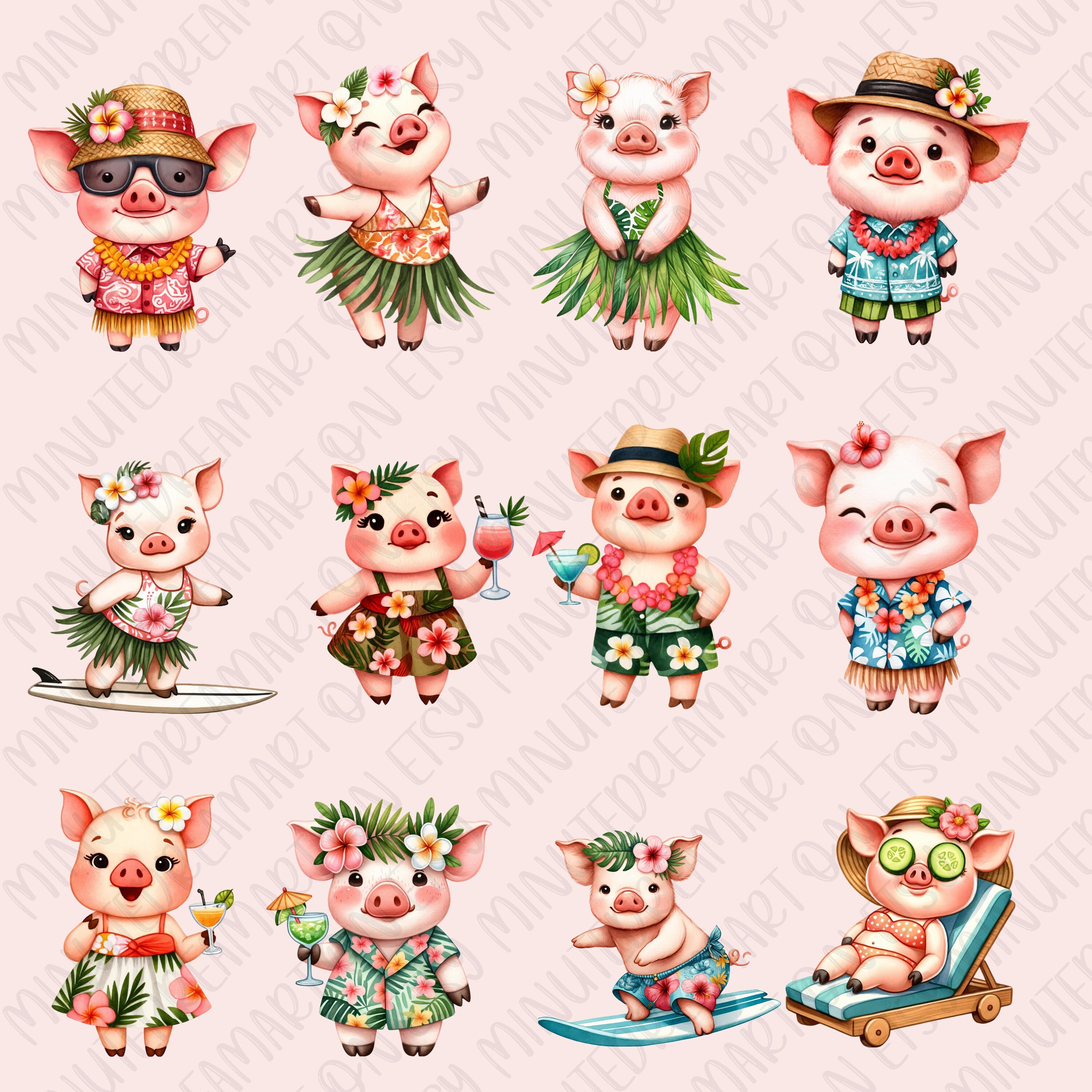 Funny Pig Clipart: Hawaiian Summer Watercolor PNG (32 Files) - Etsy