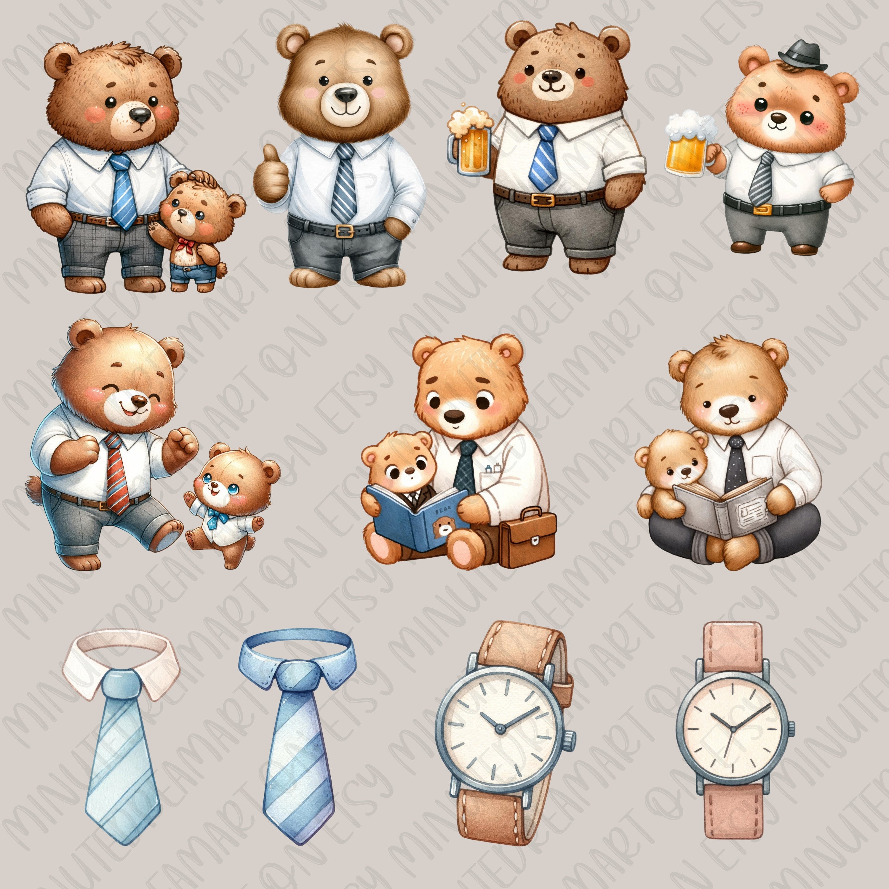 Daddy Bear Clipart, Father's Day, Watercolor Sublimation, Nursery, Dad ...