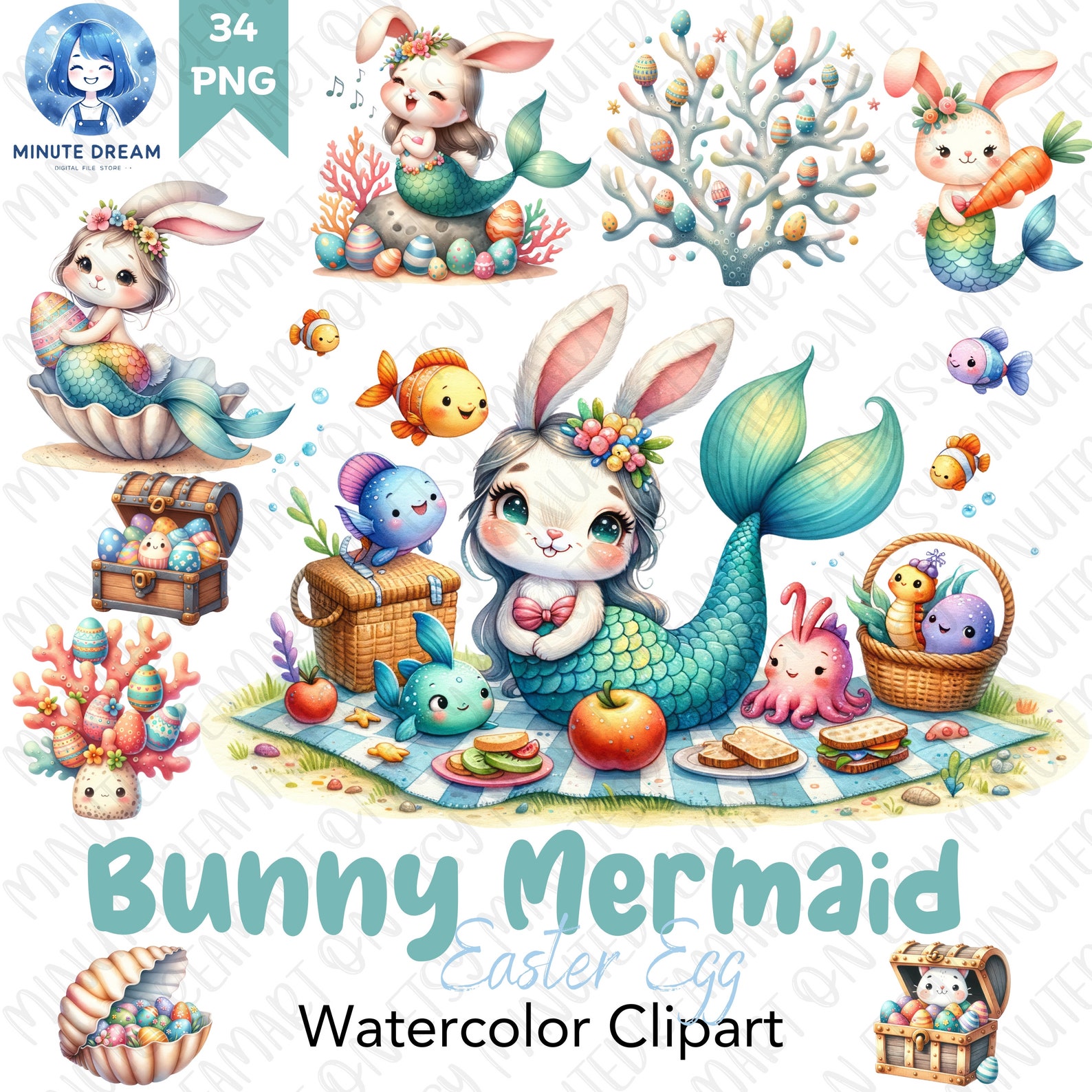Bunny Mermaid Easter Clipart, Easter Egg Day, Watercolor Sublimation ...