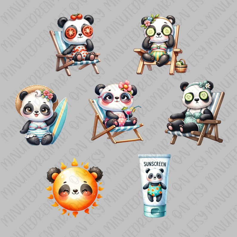 Funny Panda Clipart, Summer Season, Watercolor Sublimation, Beach ...