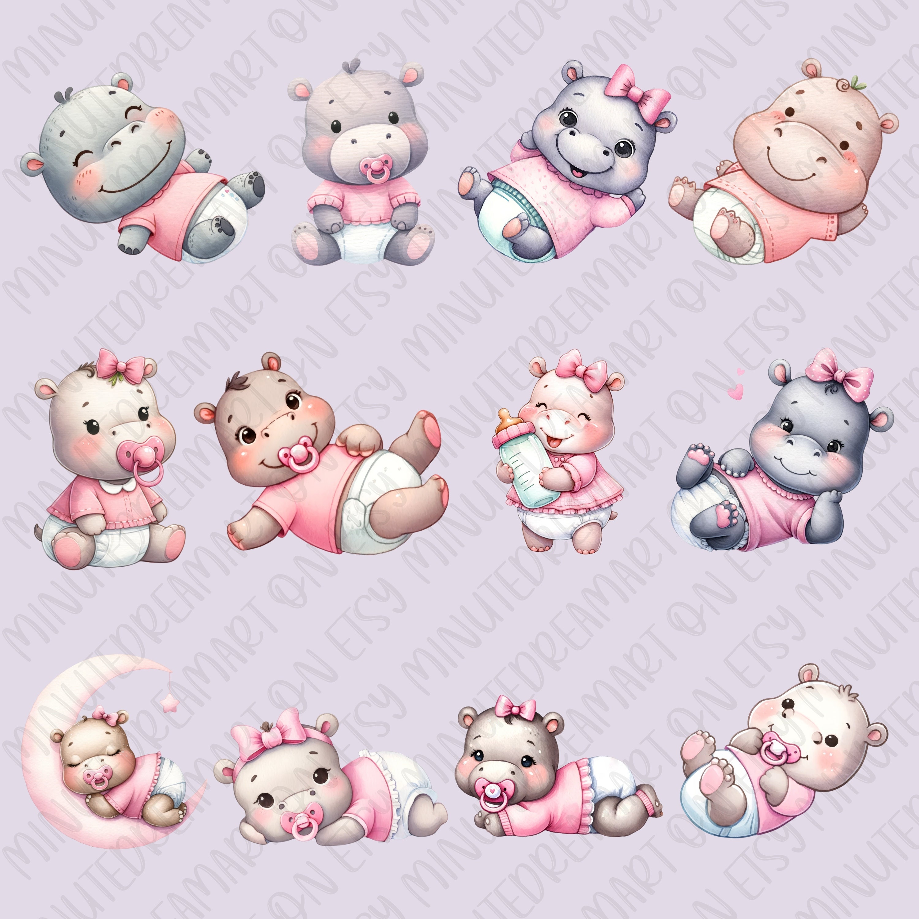Baby Hippo Clipart: Watercolor Pink Bow, Pacifier (PNG Files) - Etsy