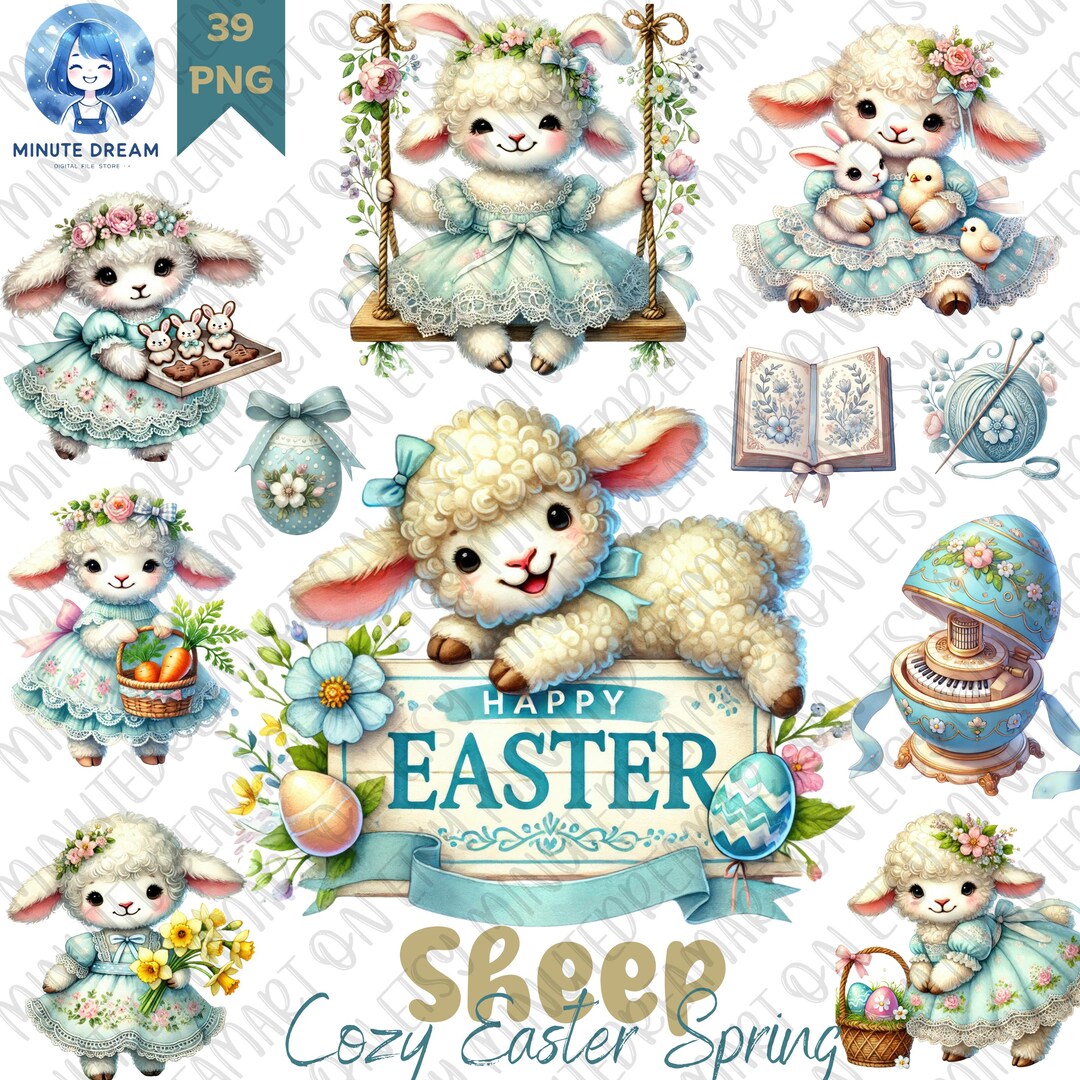 Cute Easter Sheep Clipart, Spring Lamb PNG, Pastel Blue Vintage ...