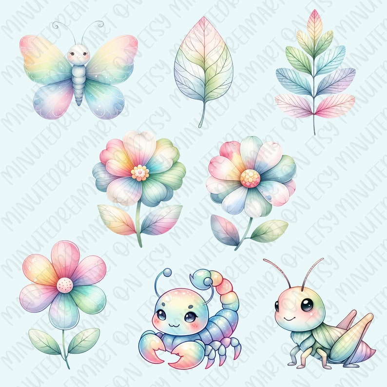 Cute Bug Clipart, Insect, Ladybug, Flower, Leaves, Vine, Baby Pastel ...