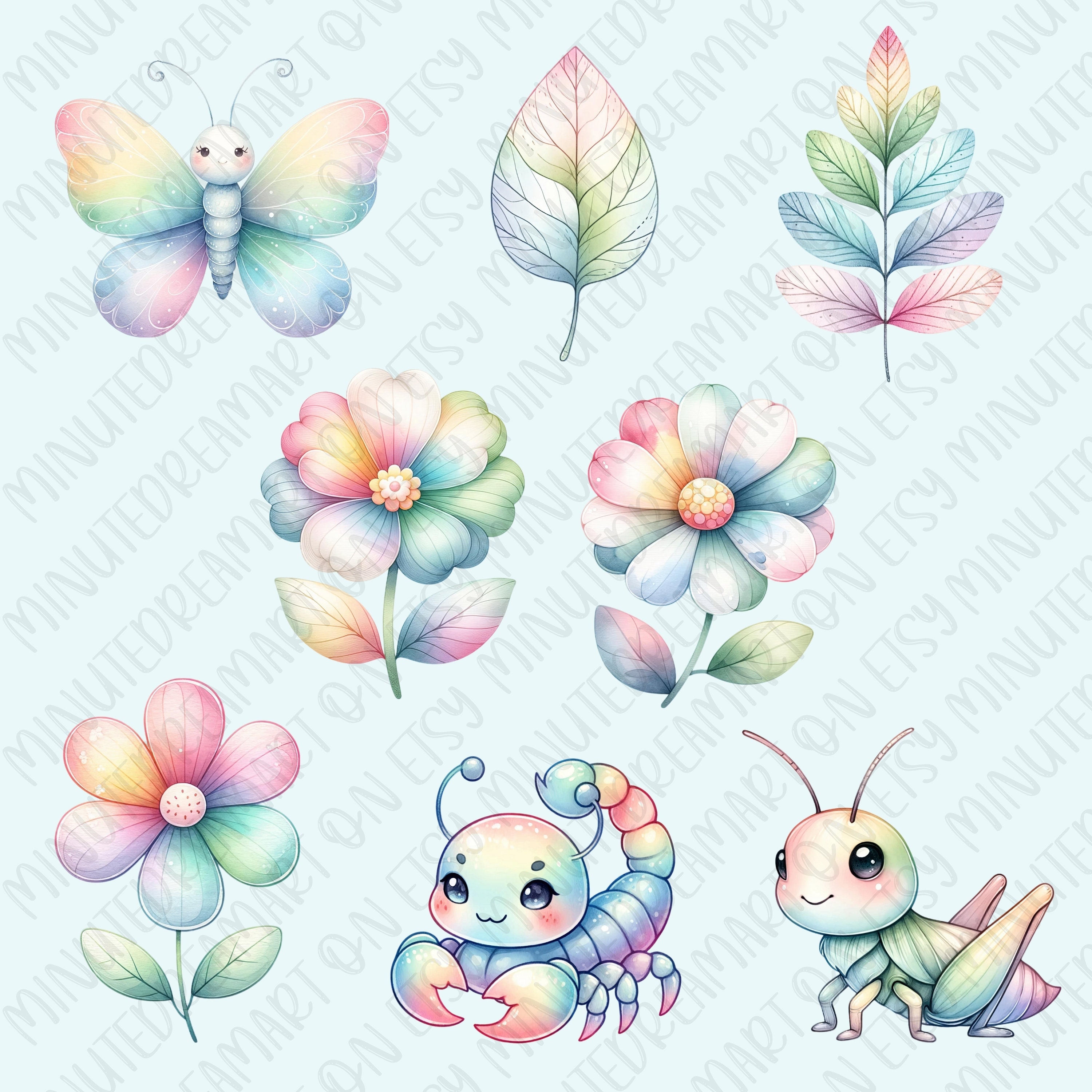 Cute Bug Clipart, Insect, Ladybug, Flower, Leaves, Vine, Baby Pastel ...