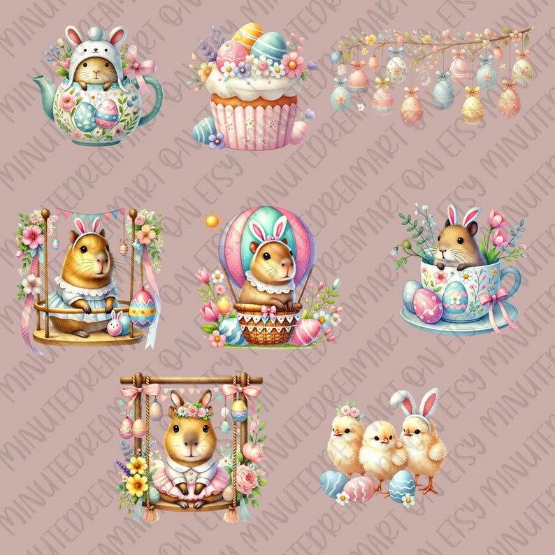 Easter Capybara Clipart: Watercolor Spring Animals (PNG) - Etsy