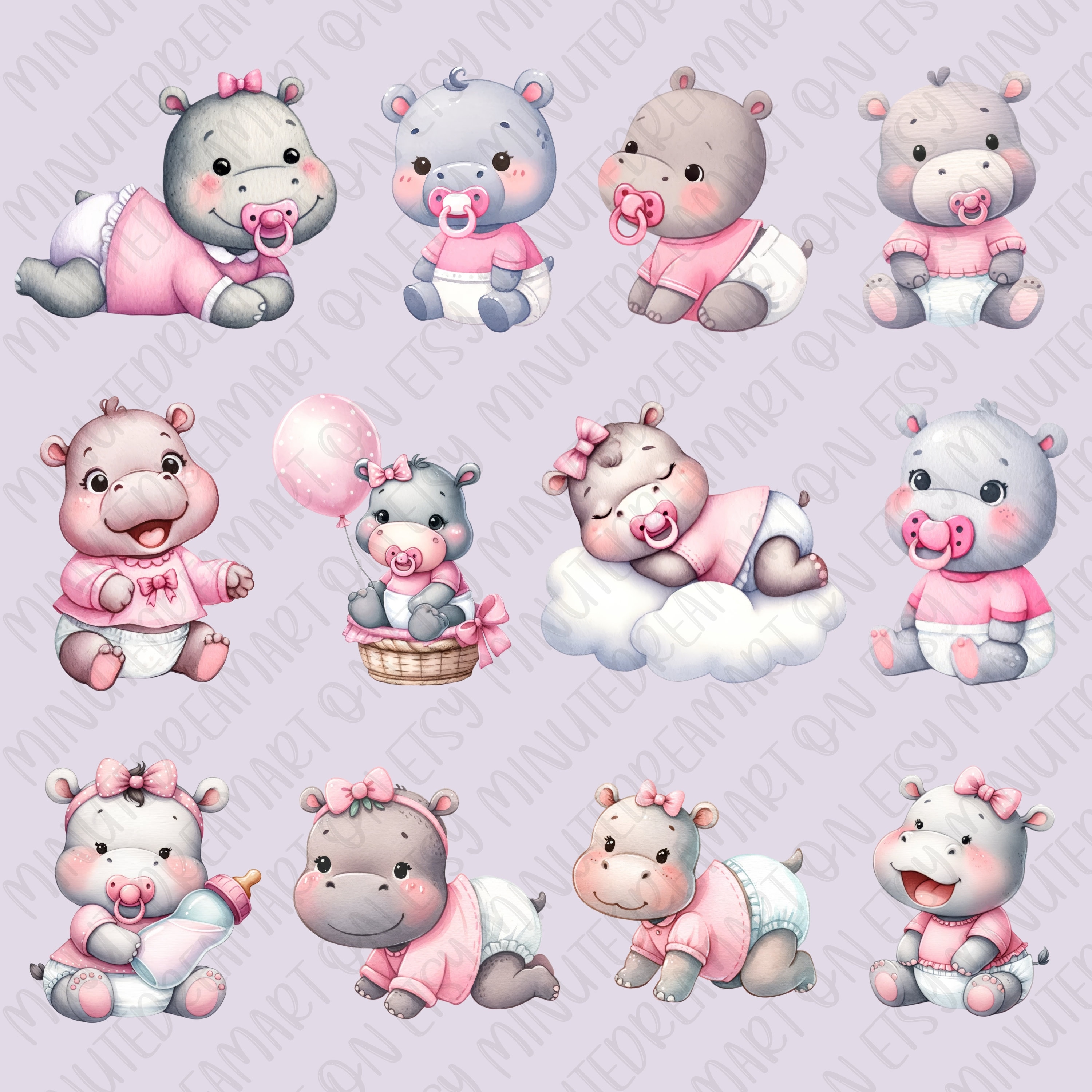 Baby Hippo Clipart: Watercolor Pink Bow, Pacifier (PNG Files) - Etsy