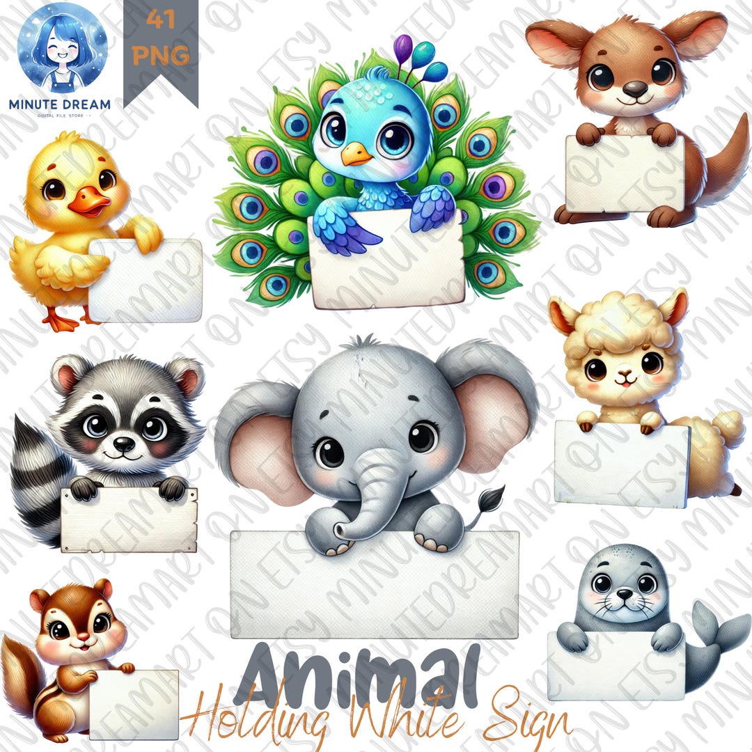 Baby Animals Holding Signs Clipart: Watercolor PNG Set (digital ...