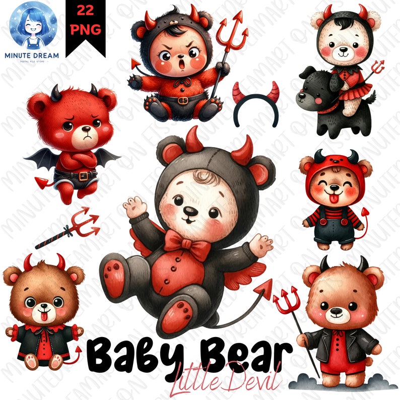 Devil Bear Clipart, Baby Teddy Bear Png, Trident, Watercolor ...