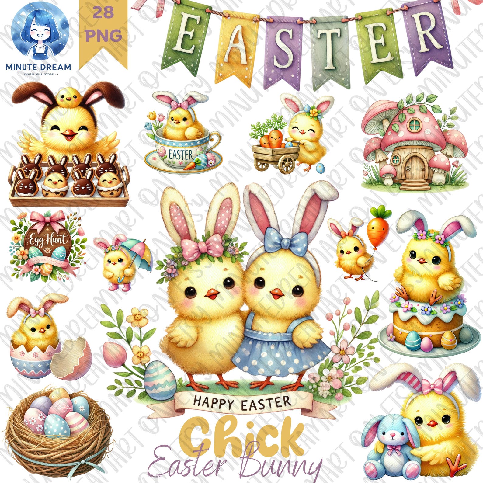 Easter Chick Bunny Clipart: Kawaii Spring PNG, Watercolor Sublimation ...