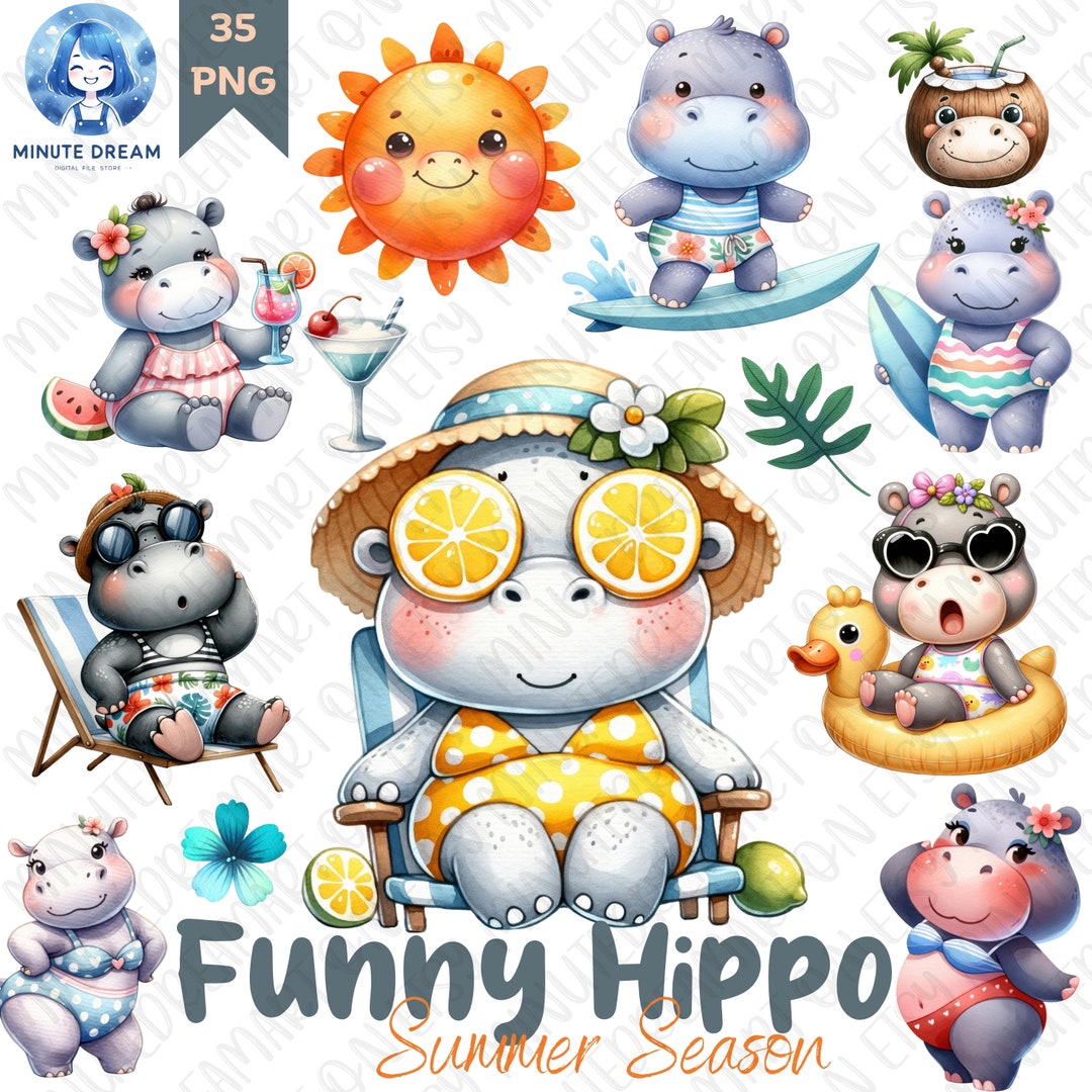 Funny Hippo Clipart, Summer Season, Watercolor Sublimation, Beach ...