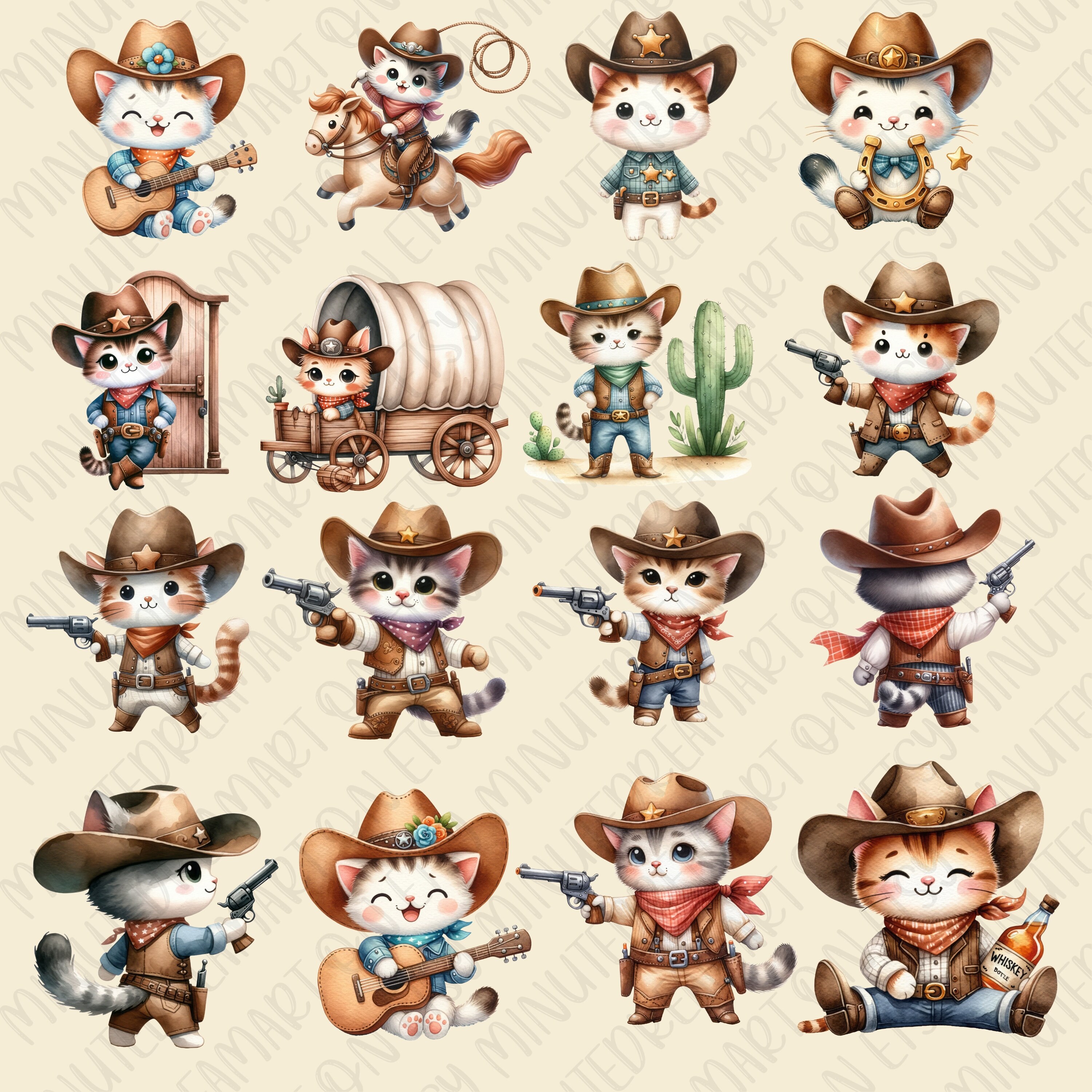 Cowboy Cat, Western Cat Cowboy Clipart, Watercolor Sublimation, Cactus ...