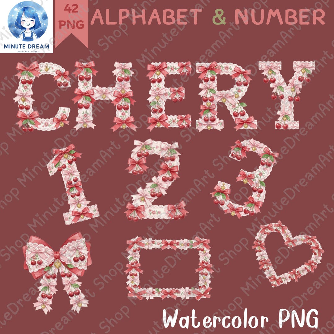 Coquette Cherry Alphabet & Number Clipart PNG, Pink Cherry Letters ...