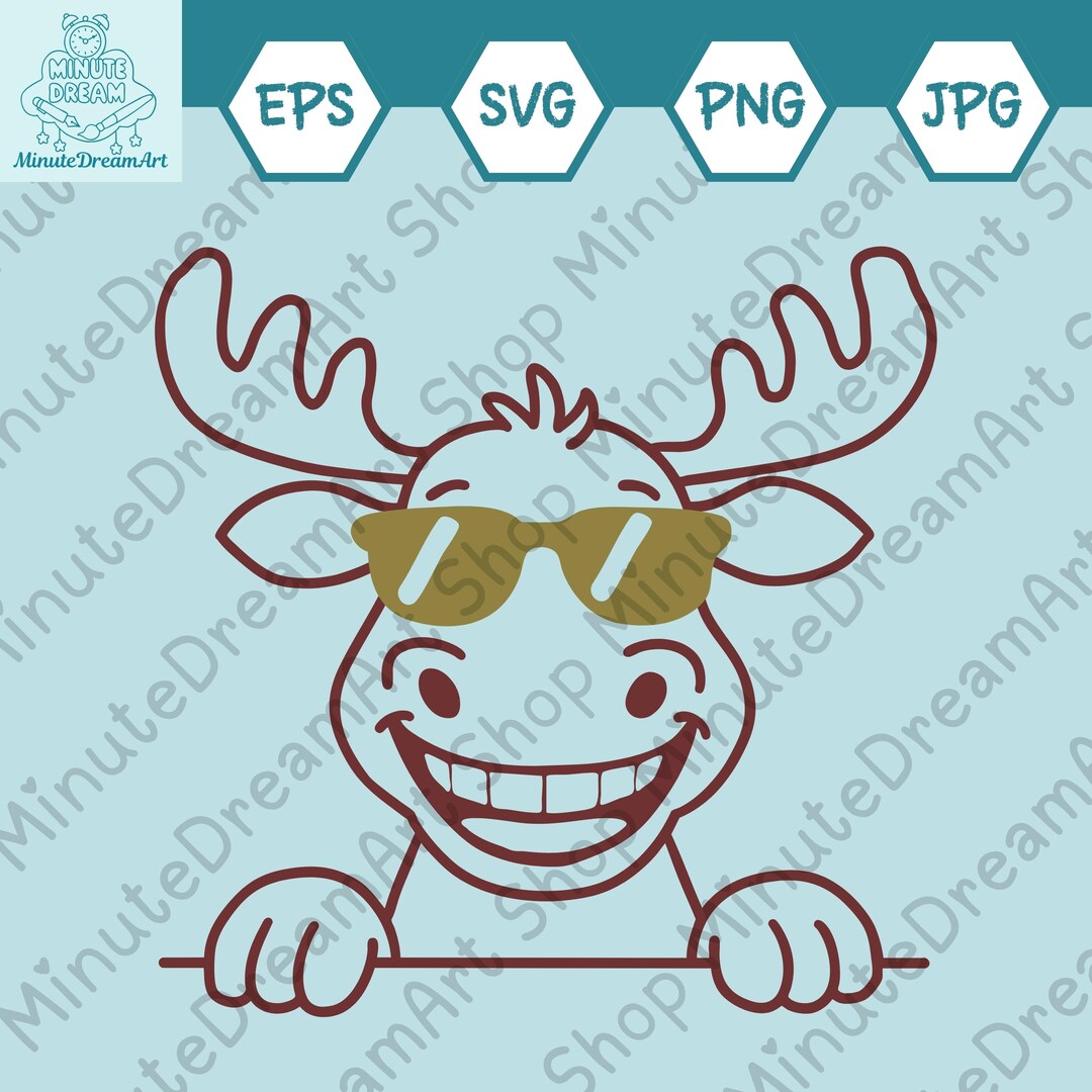 Moose SVG, Funny Moose Face With Sunglasses Line Art, Baby Shower, PNG ...