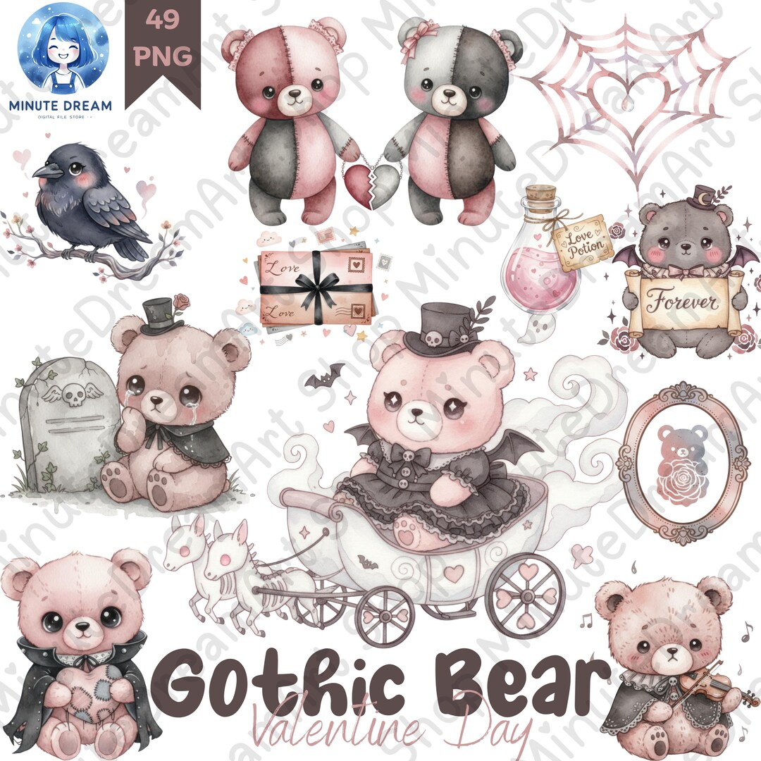 Gothic Bear Valentine Clipart, Gift for Kid , Watercolor Sublimation ...