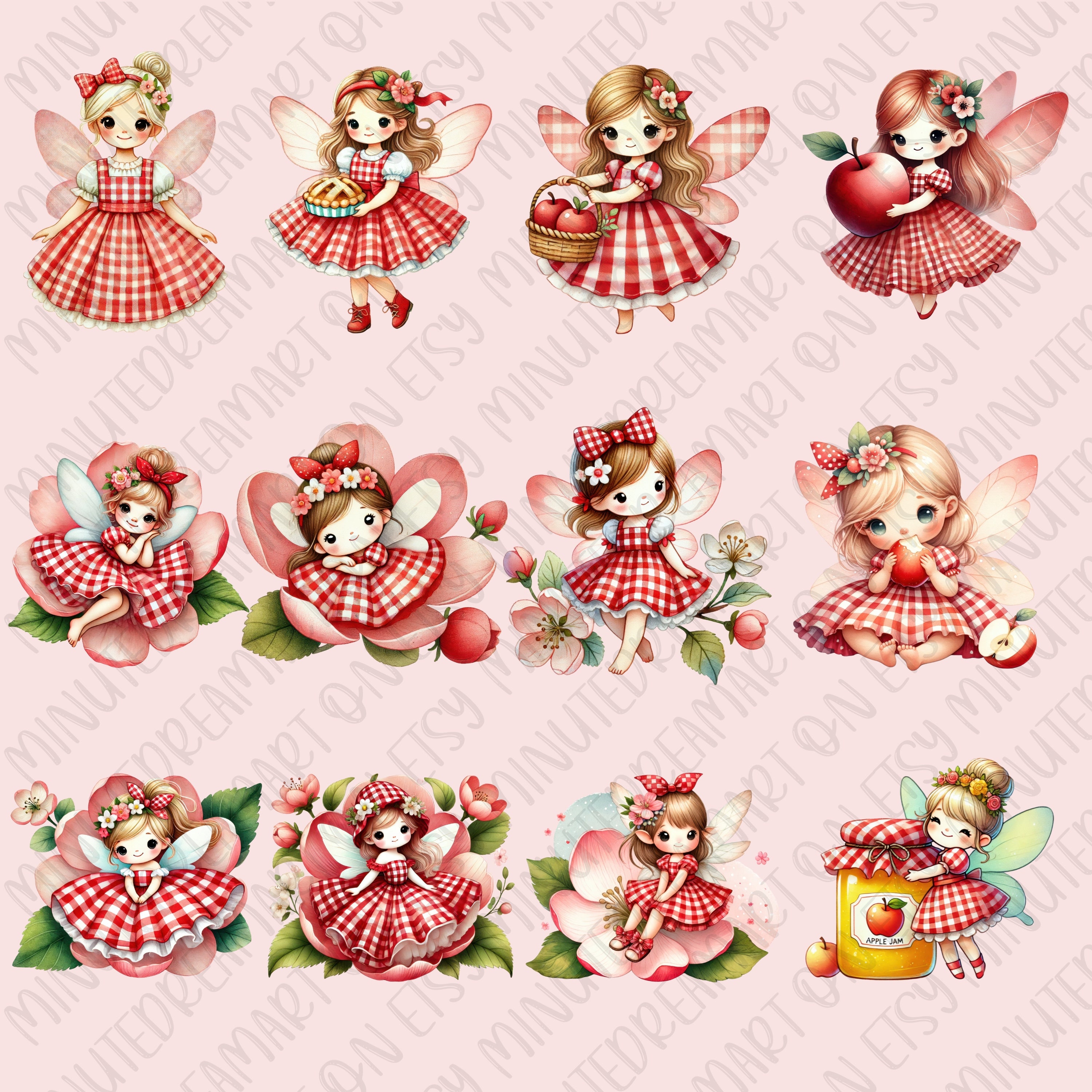 Cute Fairy Clipart, Red Apple Gingham, Autumn Season Png, Gift for Kid ...