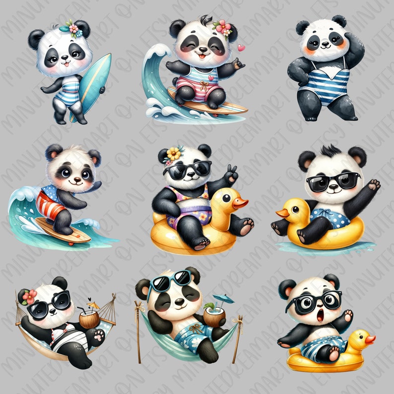 Funny Panda Clipart, Summer Season, Watercolor Sublimation, Beach ...