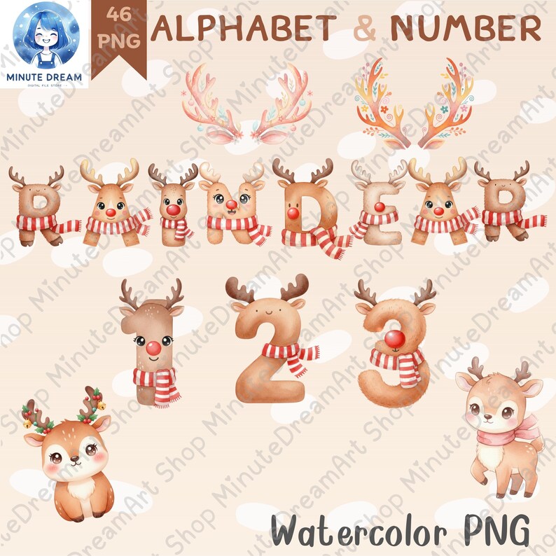 Reindeer Alphabet and Number Clipart, Watercolor Sublimation, A-Z, 0-9 ...