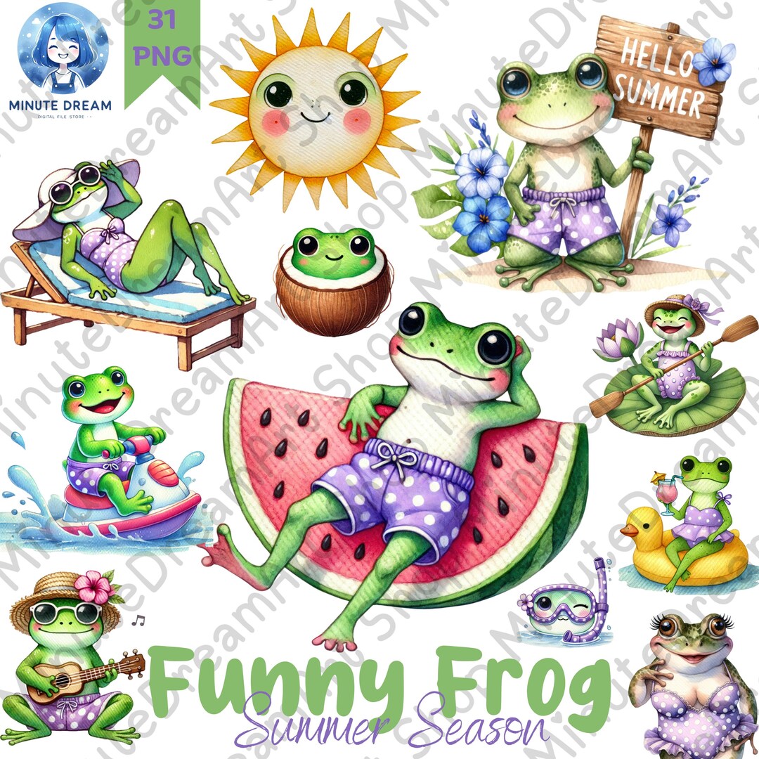 Funny Summer Frog Clipart, Cute Tropical Frog , Watercolor Sublimation ...