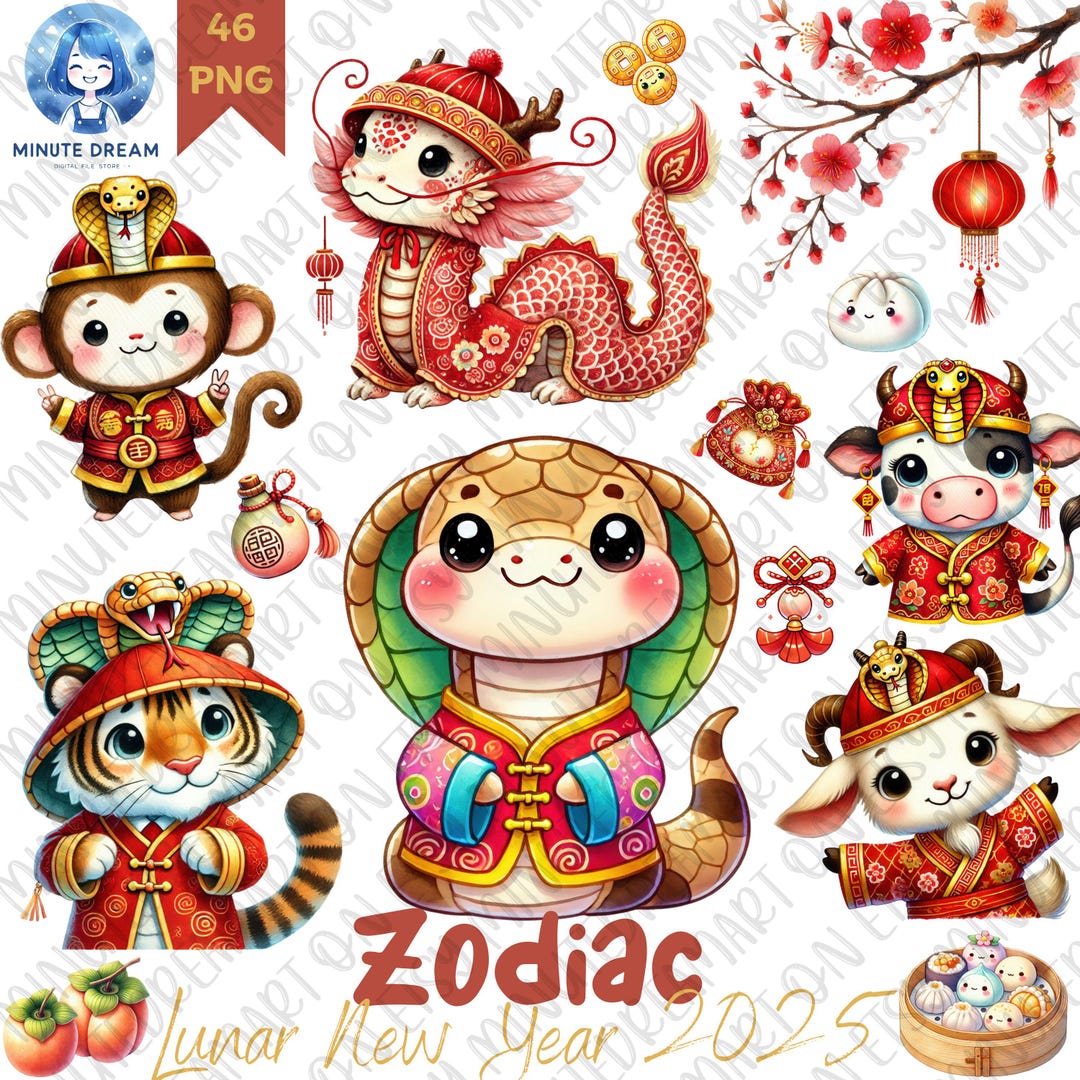 Animal Zodiac Clipart, Lunar New Year 2025 PNG, Zodiac Animals Wearing ...