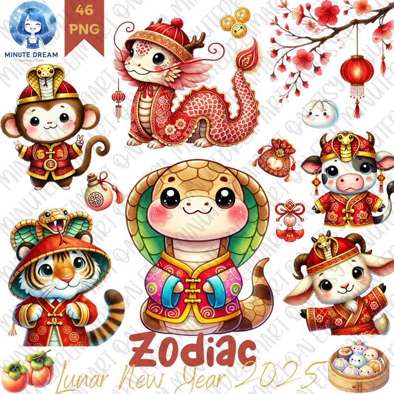 Animal Zodiac Clipart, Lunar New Year 2025 PNG, Zodiac Animals Wearing ...