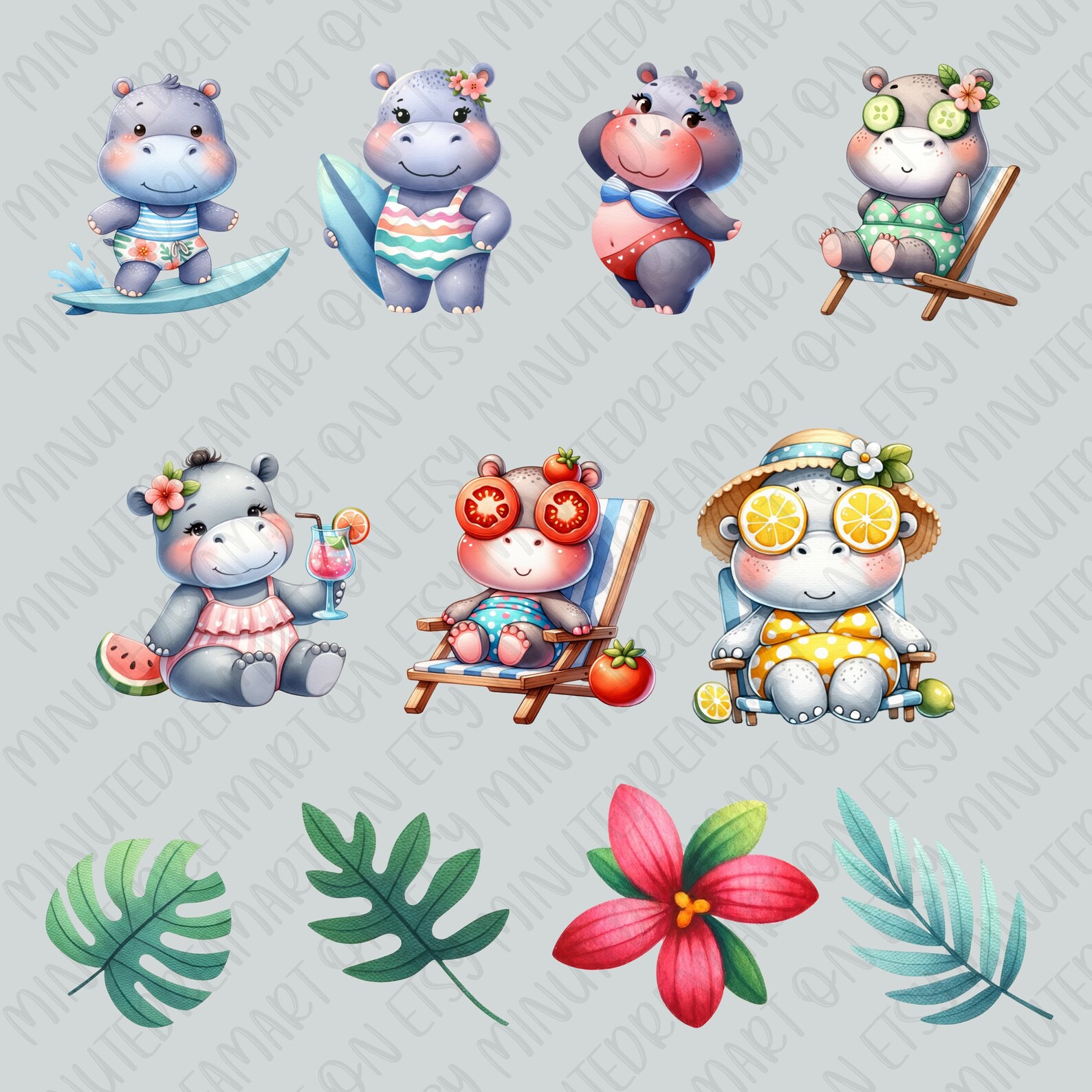 Funny Hippo Clipart, Summer Season, Watercolor Sublimation, Beach ...