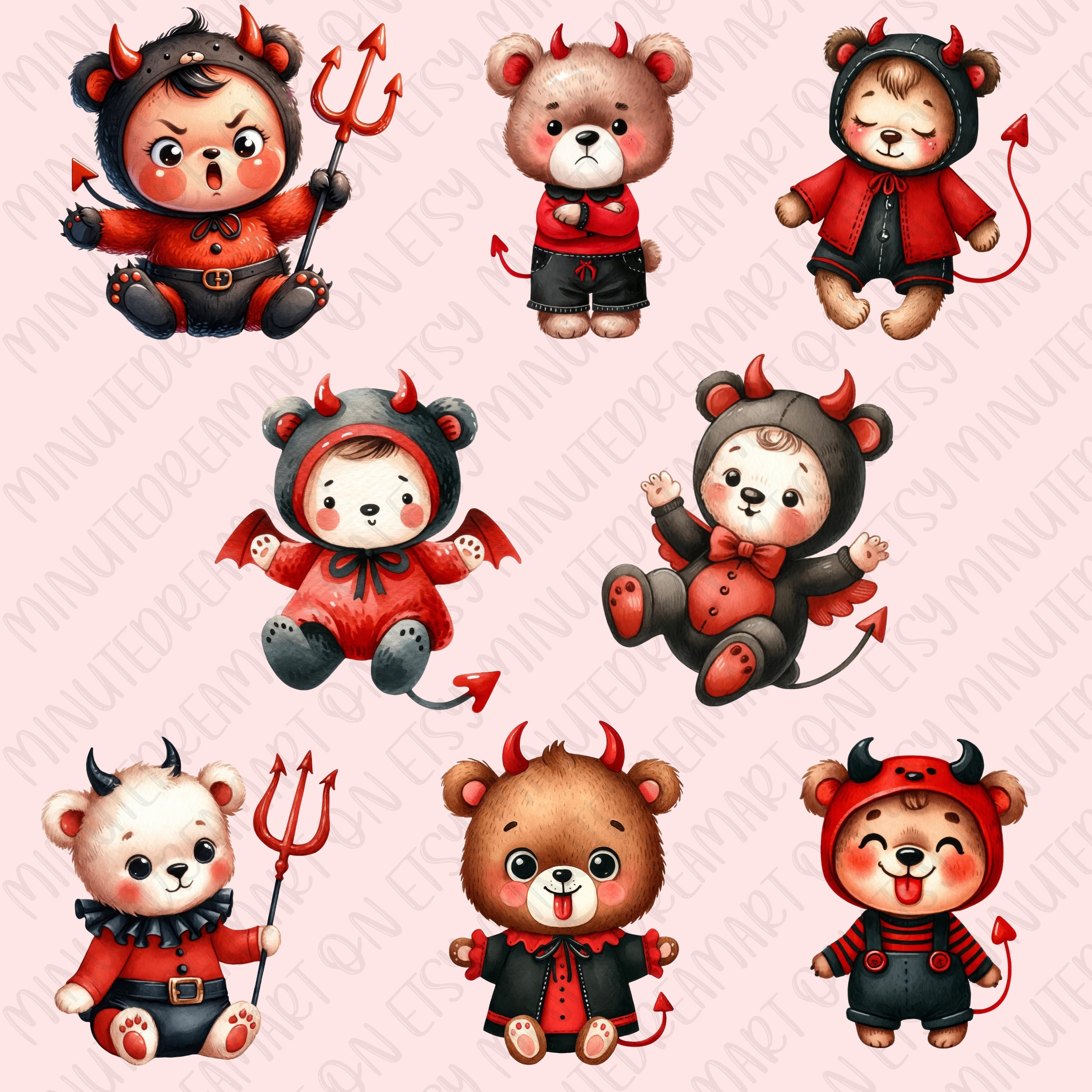 Devil Bear Clipart, Baby Teddy Bear Png, Trident, Watercolor Sublimation, Gift for Kid, Devil's ...