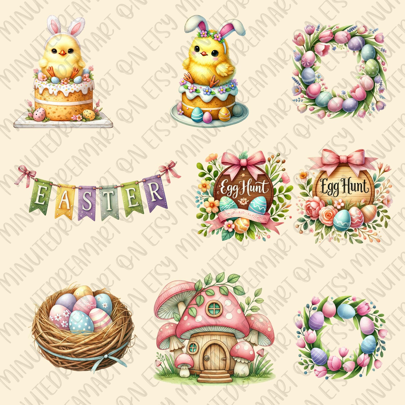 Easter Chick Bunny Clipart: Kawaii Spring PNG, Watercolor Sublimation ...
