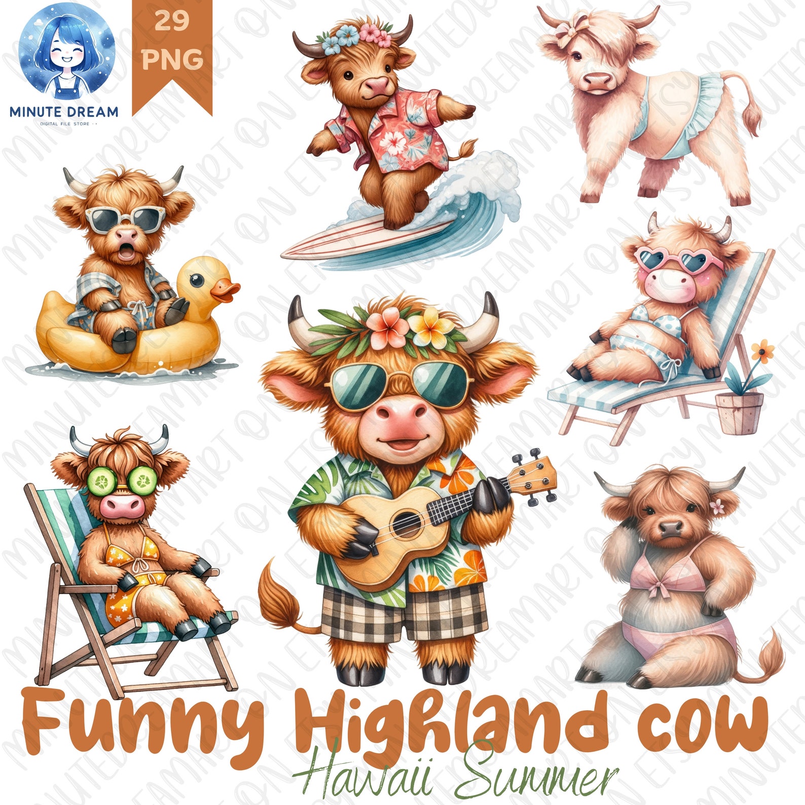 Funny Highland Cow Clipart: Hawaiian Summer PNG (digital Download) - Etsy