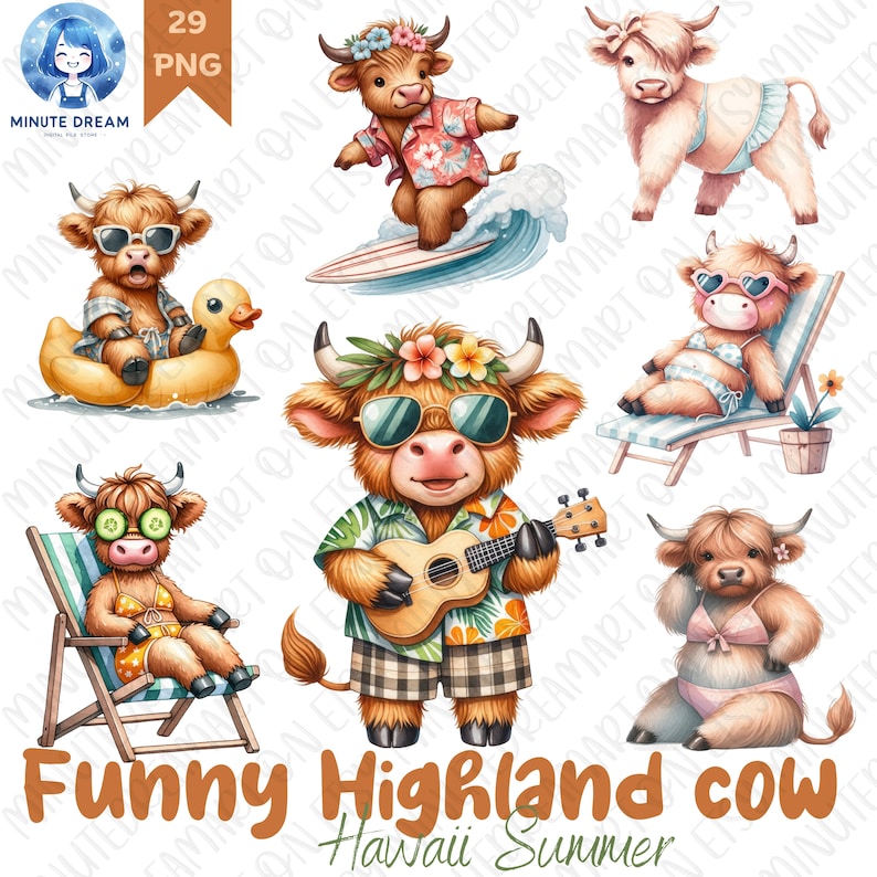 Funny Highland Cow Clipart: Hawaiian Summer PNG (digital Download) - Etsy
