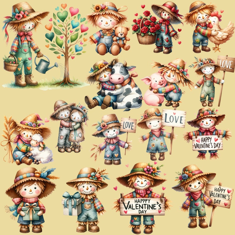 Cute Scarecrow Clipart, Valentine's Day, in Love, Farm Animal, Garden ...