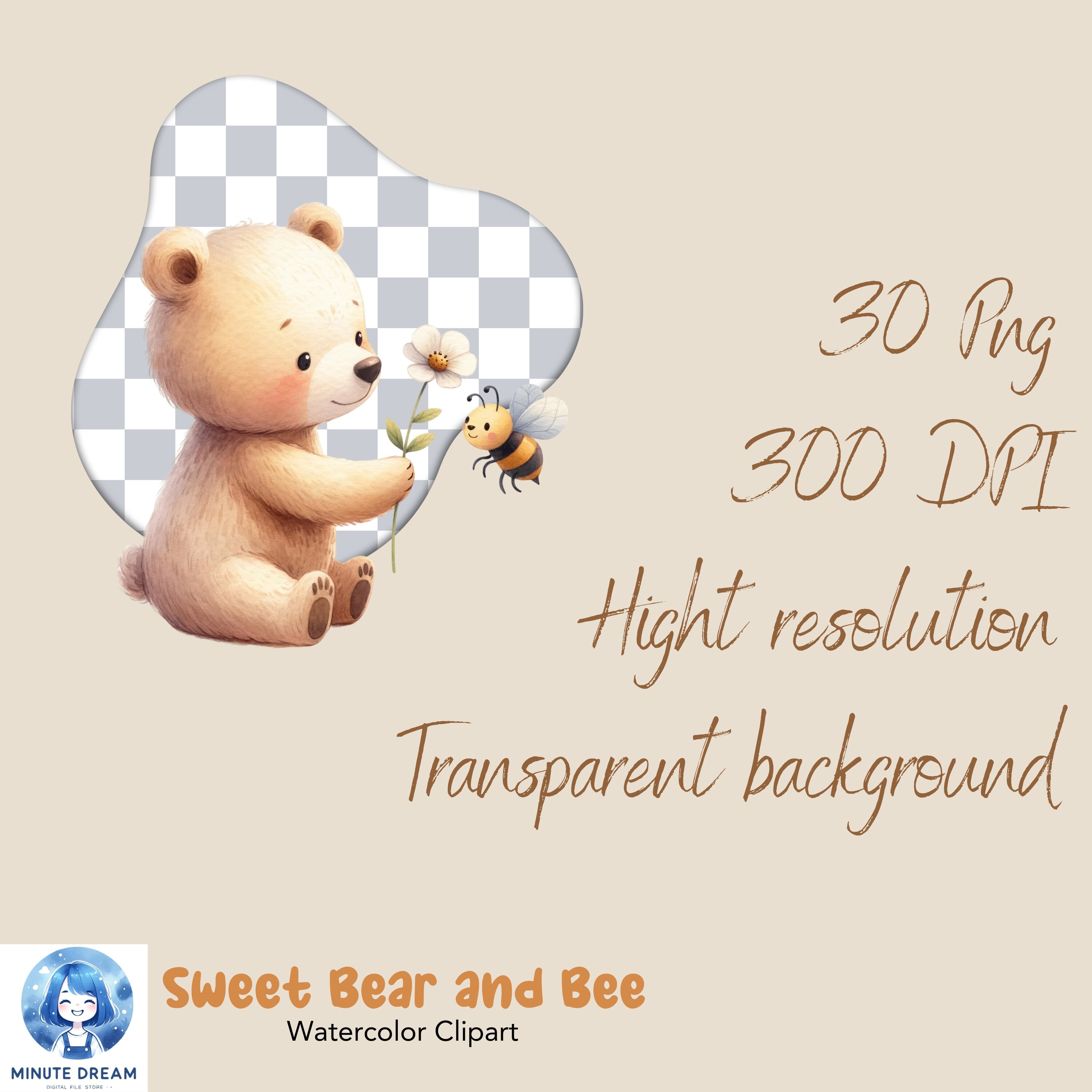 Watercolor Bear and Bee Clipart: Honey Dessert PNG (digital Download ...