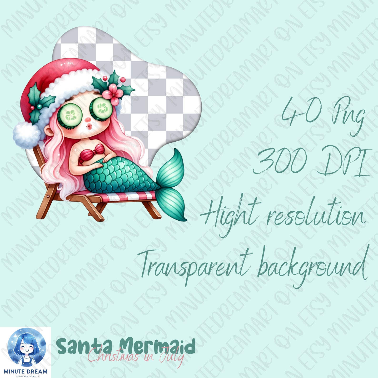 Santa Mermaid Clipart, Christmas in July PNG, Watercolor Sublimation ...