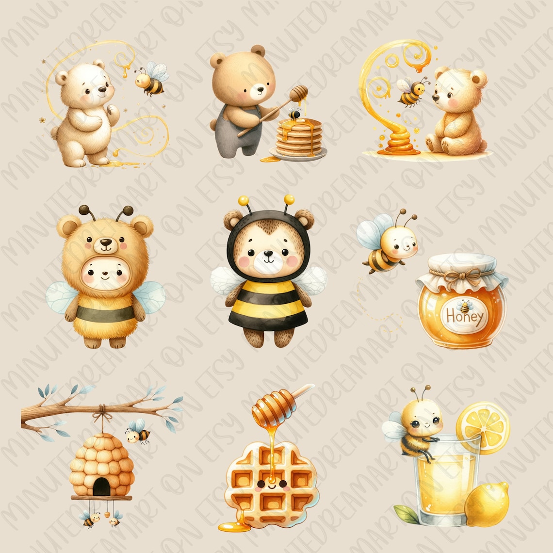 Watercolor Bear and Bee Clipart, Cute Teddy Bear Png, Digital Printing ...