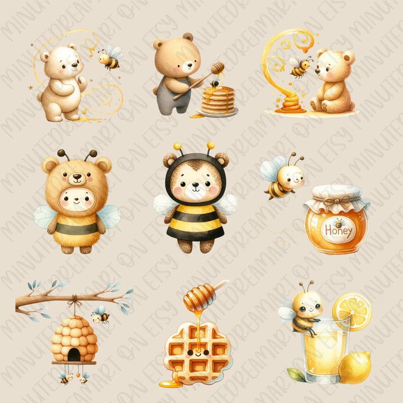 Watercolor Bear and Bee Clipart, Cute Teddy Bear Png, Digital Printing ...