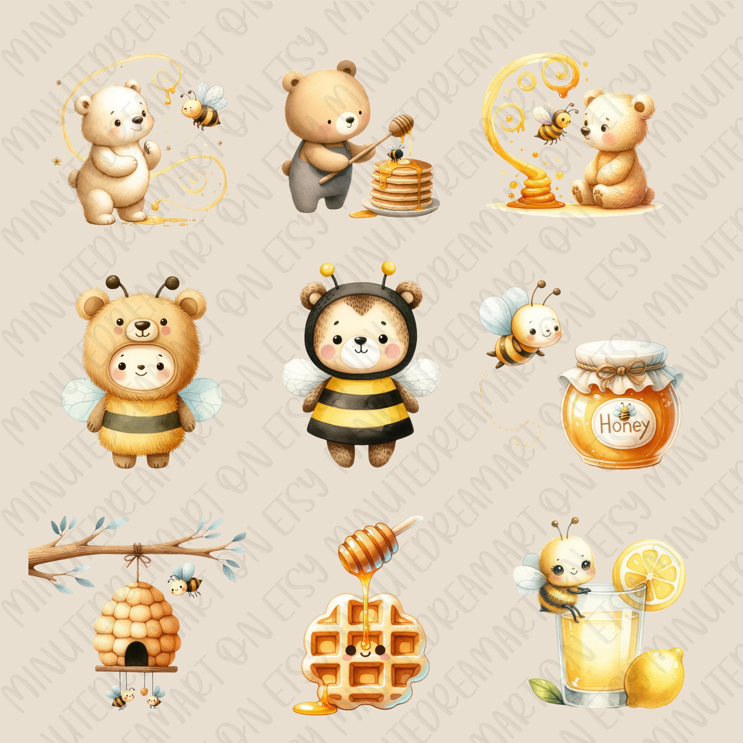 Watercolor Bear and Bee Clipart, Cute Teddy Bear Png, Digital Printing ...