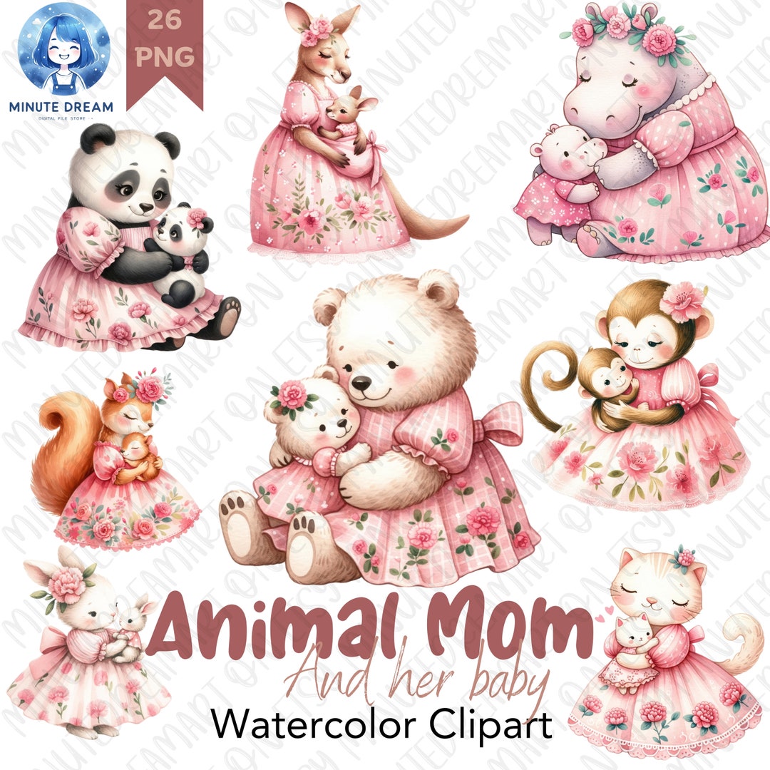 Mama and Baby Animal Clipart: Watercolor Pink Carnation PNG (digital ...
