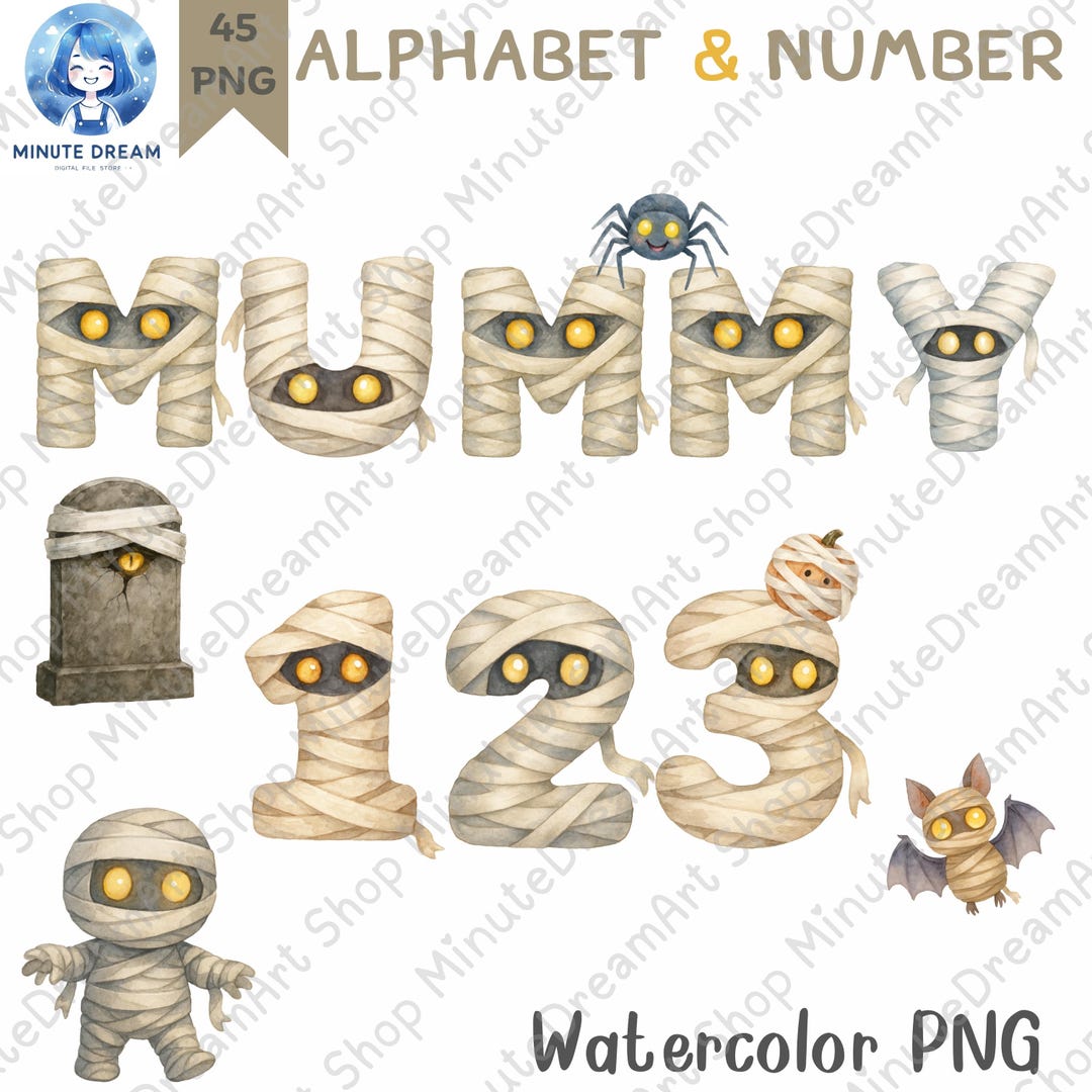 Mummy Alphabet Clipart: Halloween Font A-Z, 0-9 (digital Download, PNG ...