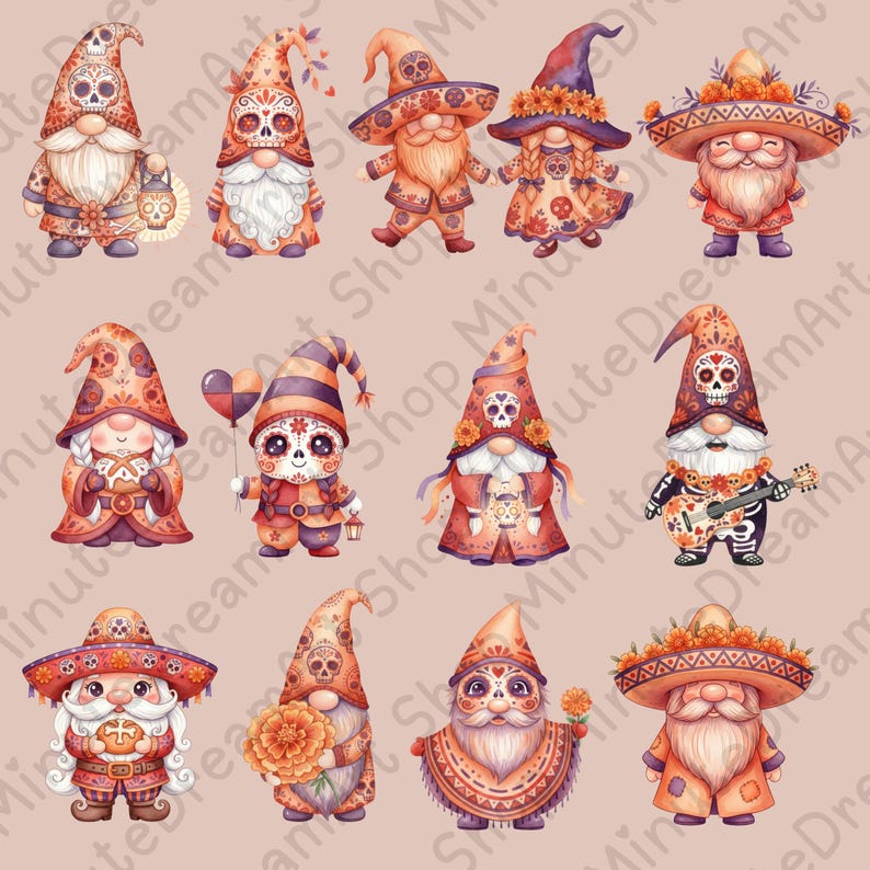 Day of the Dead Gnome Clipart Bundle PNG Cute Dia De Los Muertos Sugar ...