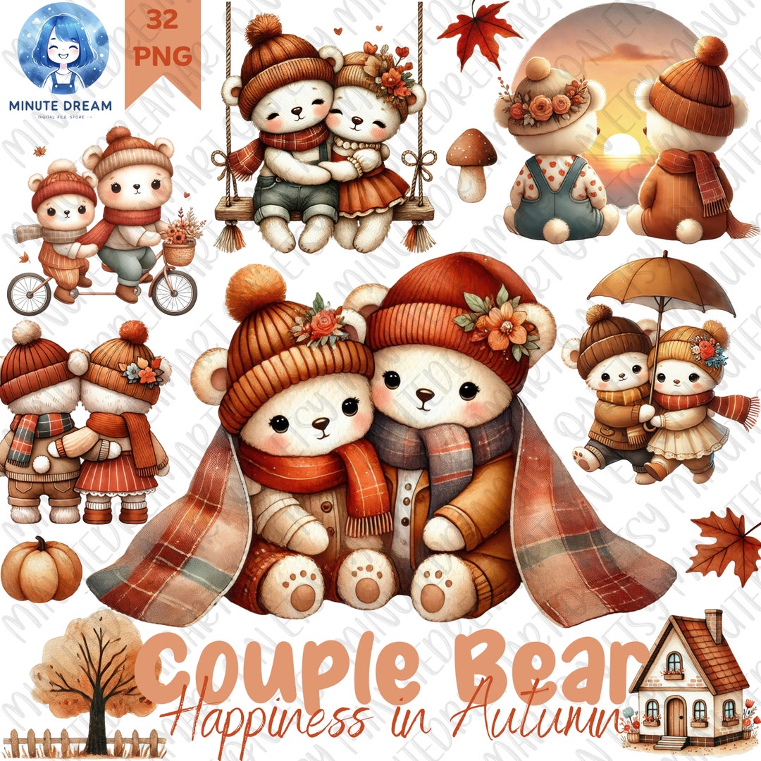 Autumn Teddy Bear Couple Clipart: Watercolor PNG (3000 Px) - Etsy