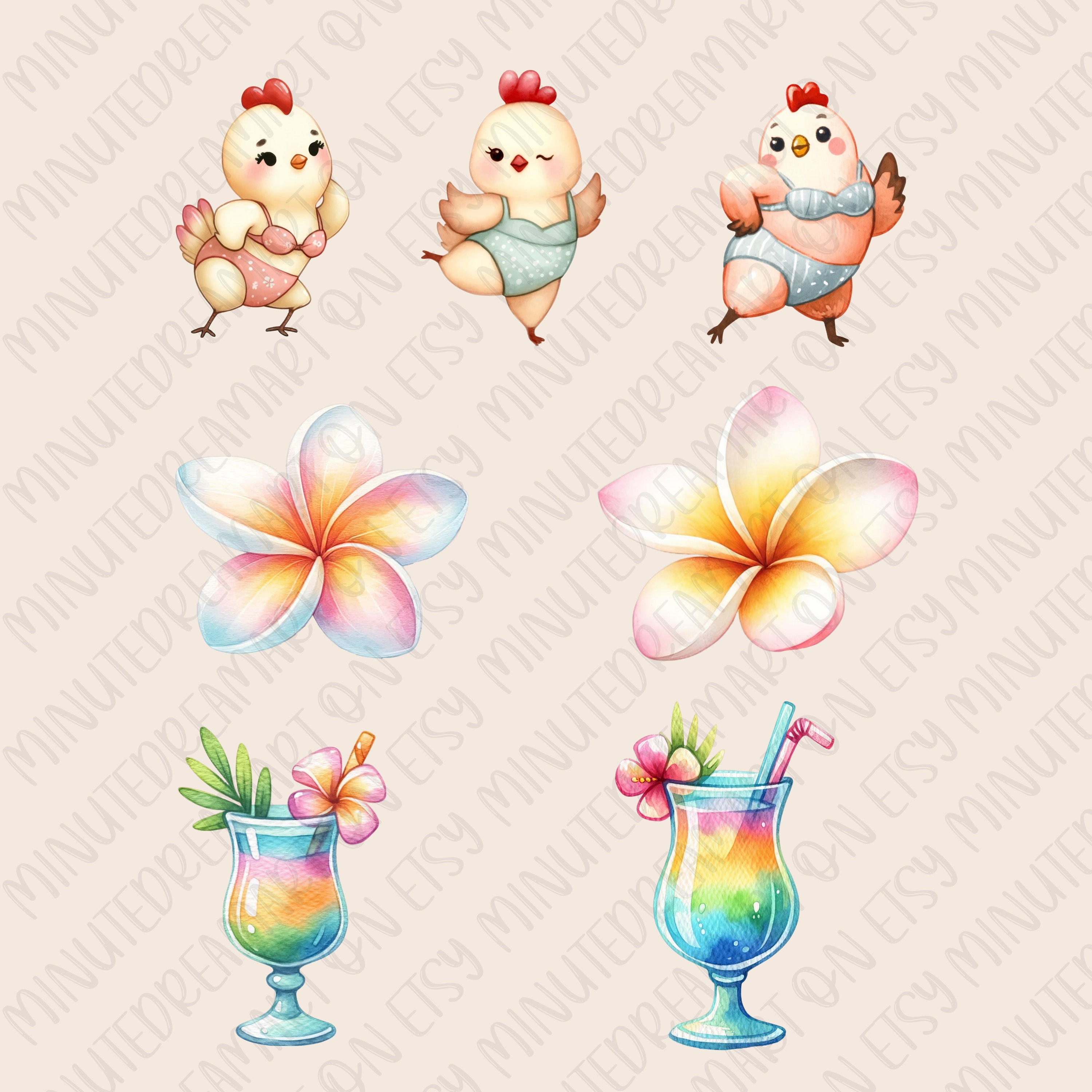 Funny Chicken Clipart, Beach Activities, Watercolor Sublimation ...